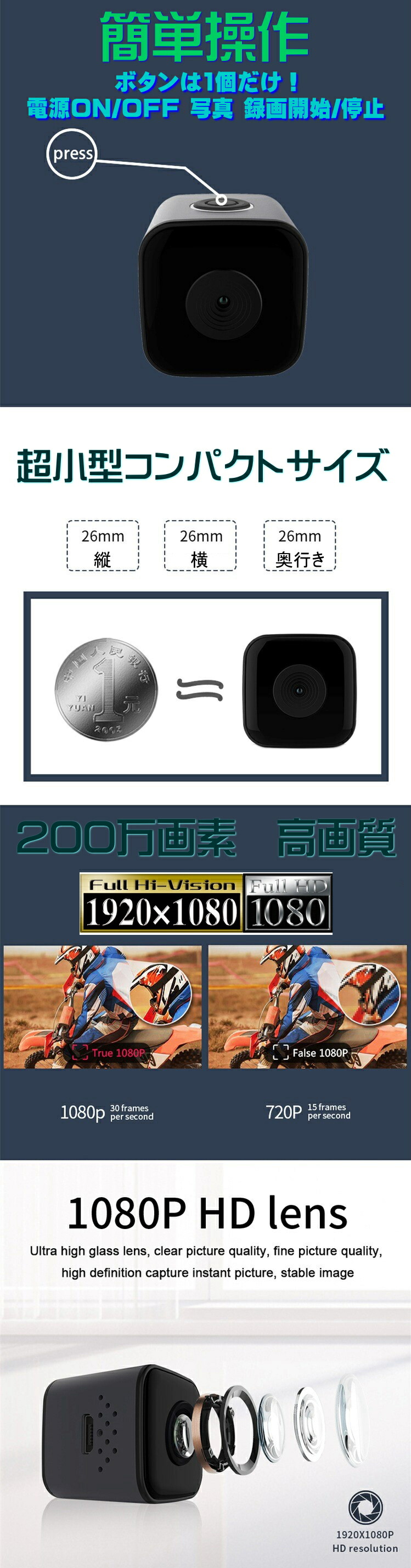 【送料無料・税込み】最新 TB-SQ28 正規品 超小型 マイクロ 防犯カメラ コンパクト 1080 P 200万画素 ミニ バッテリー 内蔵 ...