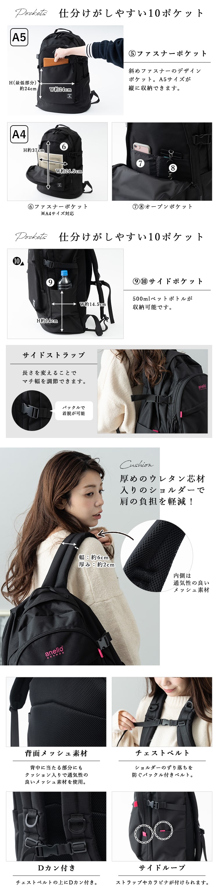 リュック レディース ブランド アネロ anello 通学 大容量 撥水 10ポケット アウトドア メンズ 通勤 ビジネス 旅行 40l 1泊2日 学生 a3 軽量 リップストップ生地 中学生 ...