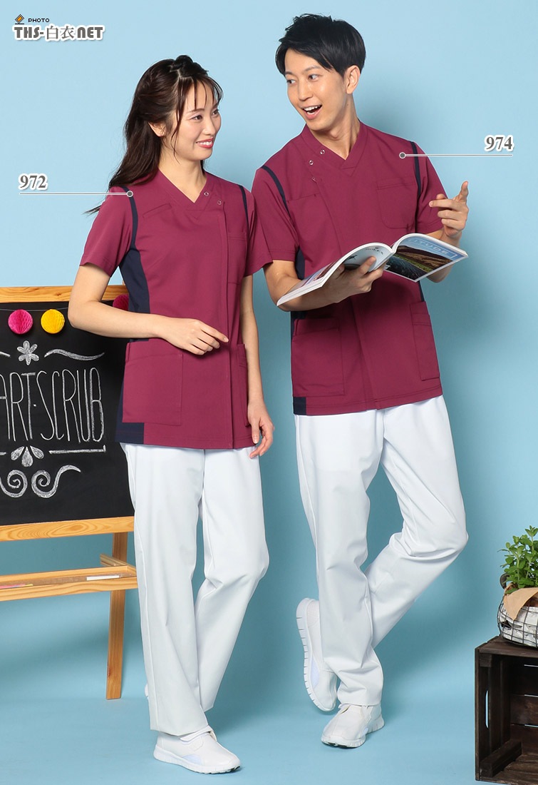 【THS-白衣通販】 レディススクラブ半袖(前開き)[KAZEN製品] 972