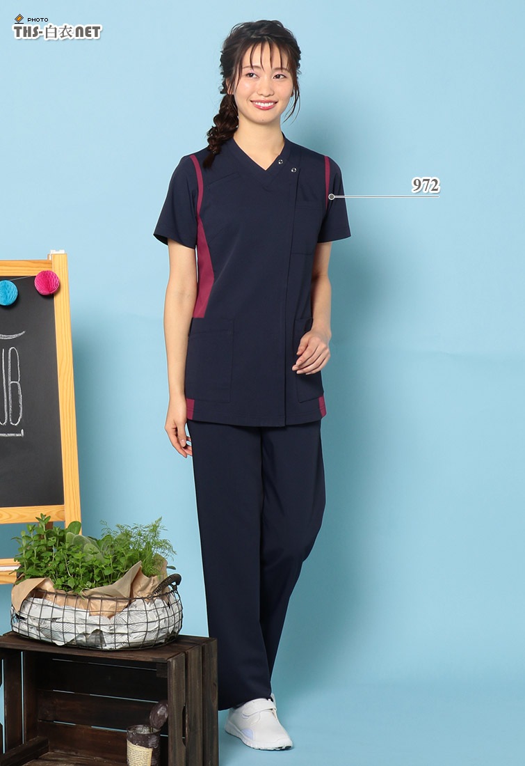 【THS-白衣通販】 レディススクラブ半袖(前開き)[KAZEN製品] 972